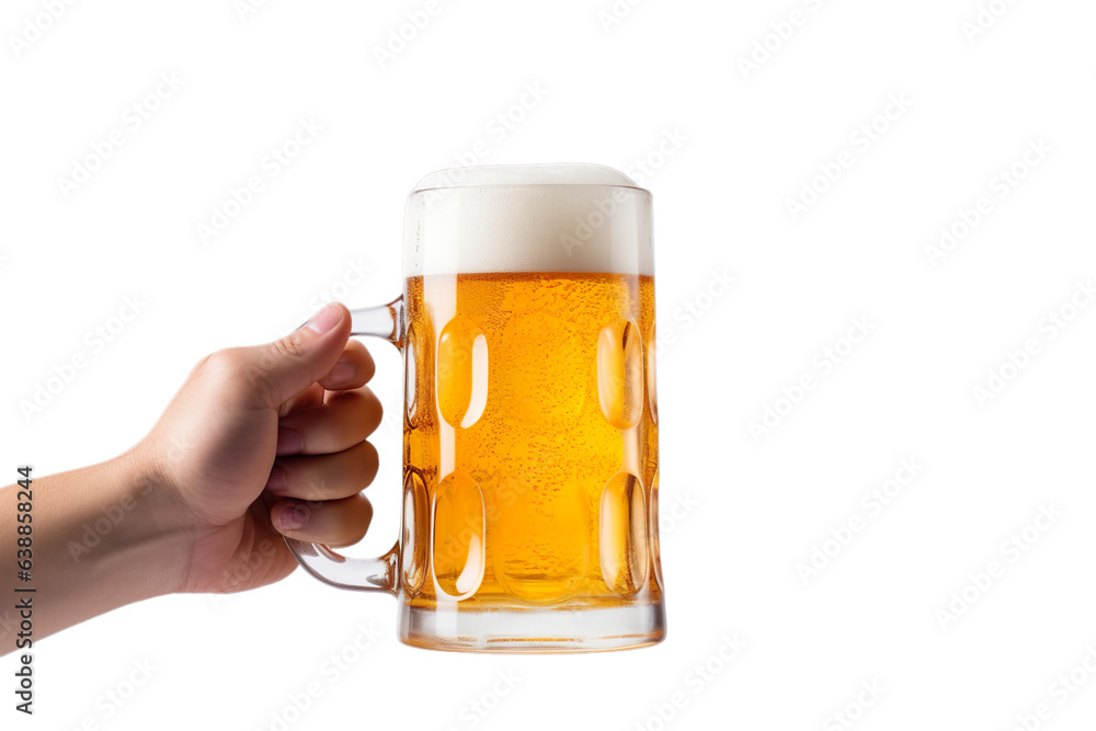 Left hand of men holding beer mug by handle on transparent background ...