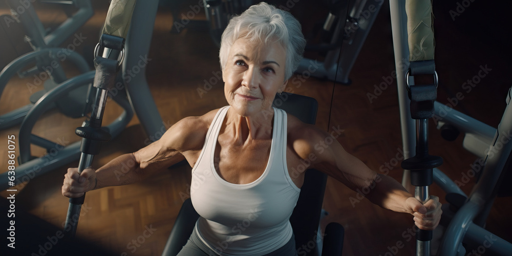 Older senior grandma working out at gym with weights on machine ...