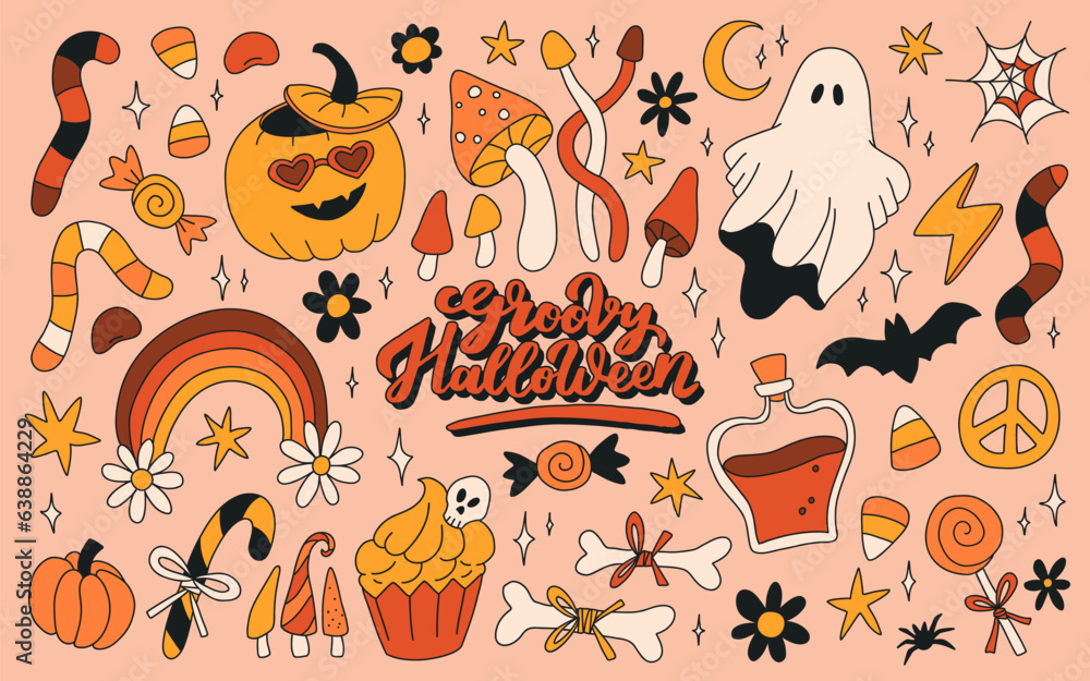 Retro 70s 60s Hippie Groovy Halloween set. Funny spooky ghost pumpkin ...