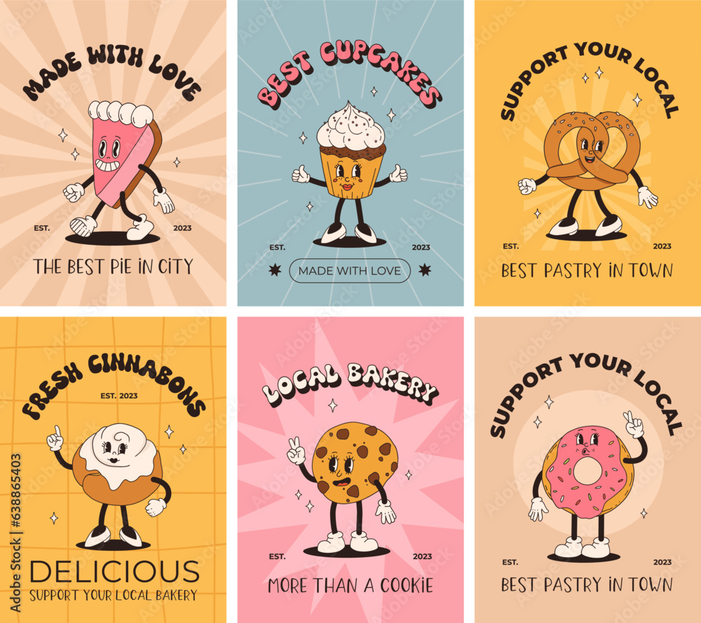 Vector cartoon retro mascot of bread, pastry, burger, sandwich. Vintage ...