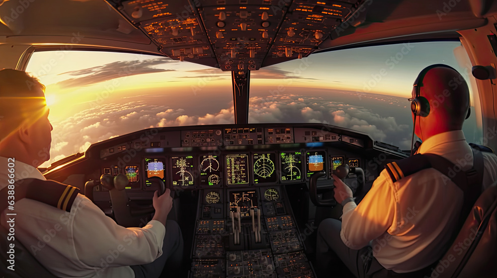 Pilots fly the plane. View from the cockpit of a modern passenger plane ...