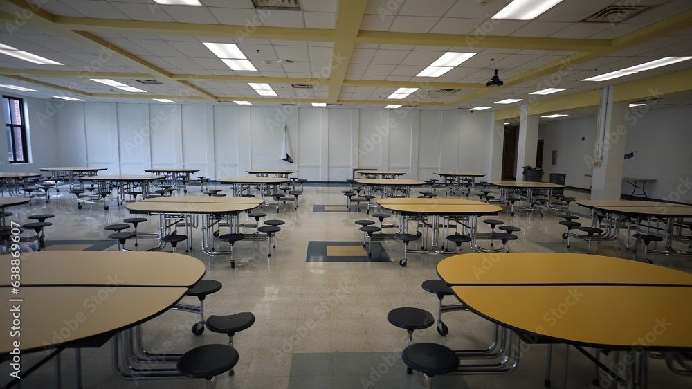 Empty school cafeteria with tables and seats. Stock Photo | Adobe Stock