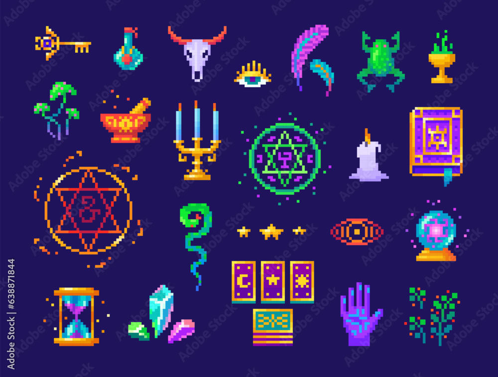 Pixel art mystical icons set. Esotericism and mysticism, occultism ...