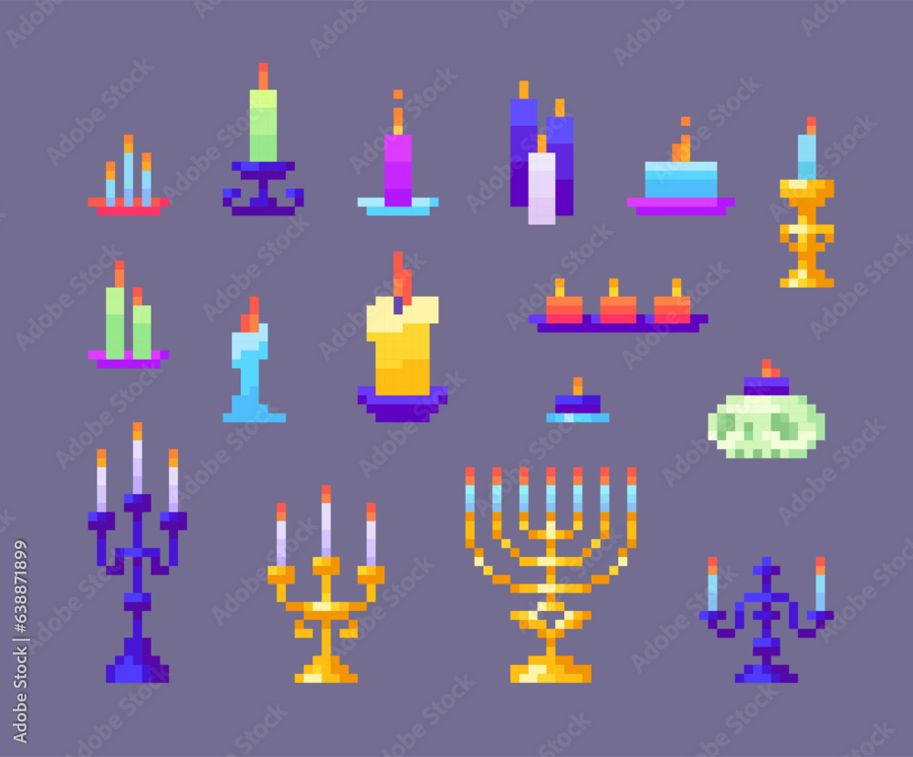 Pixel art candle icons set. Collection of vintage wax candle holder ...