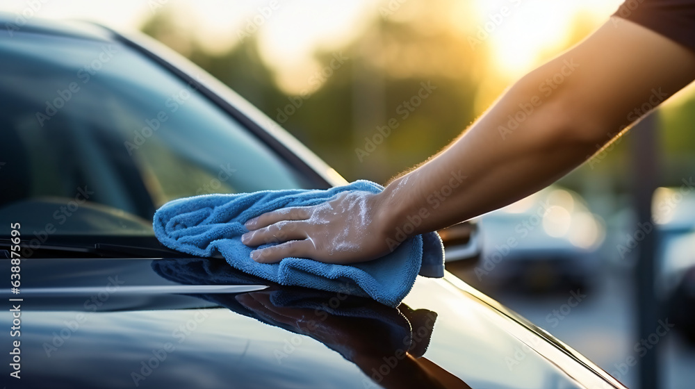A man cleaning / wiping down a car using a microfiber cloth in a close ...