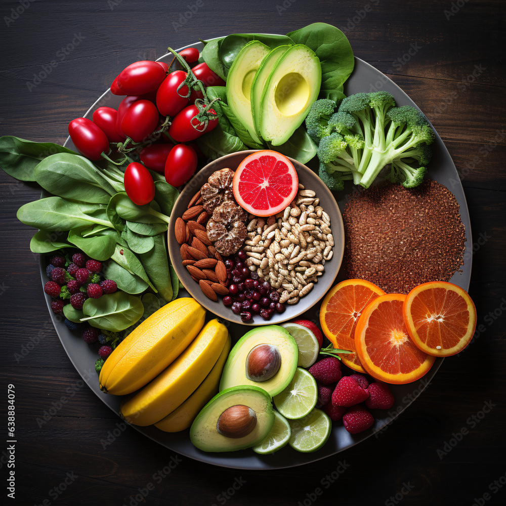 Health food for fitness concept with fruit, vegetables, pulses, herbs ...