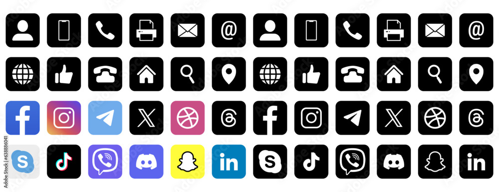 Vecteur Stock Contact Us Icons. Facebook, Instagram, YouTube, X, Vimeo, Dribble, Threads ...