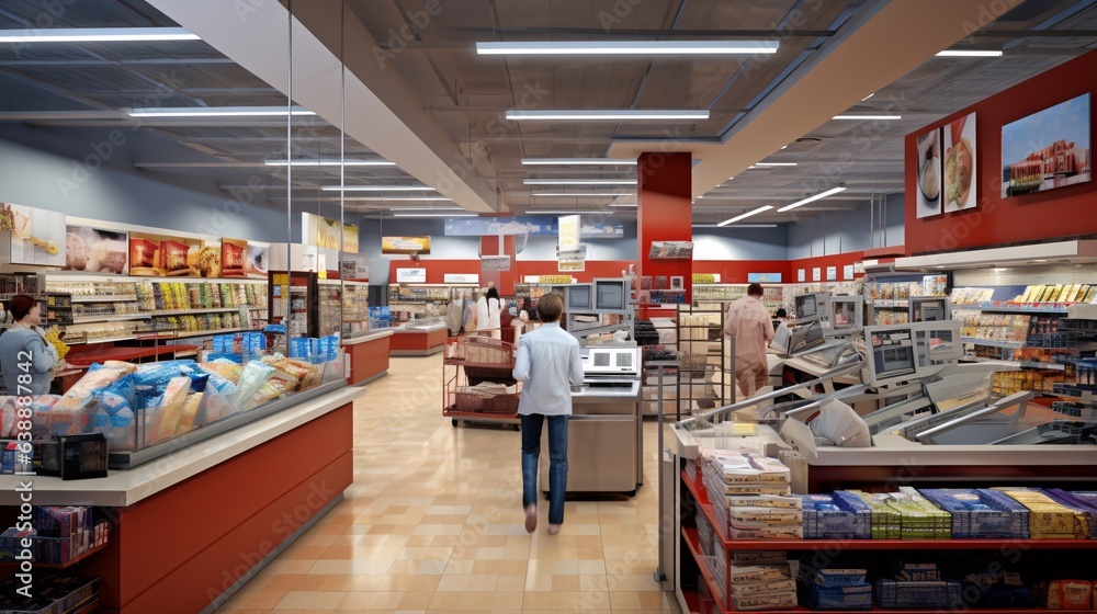 A bustling shopping scene, customers browsing through aisles, shopping ...
