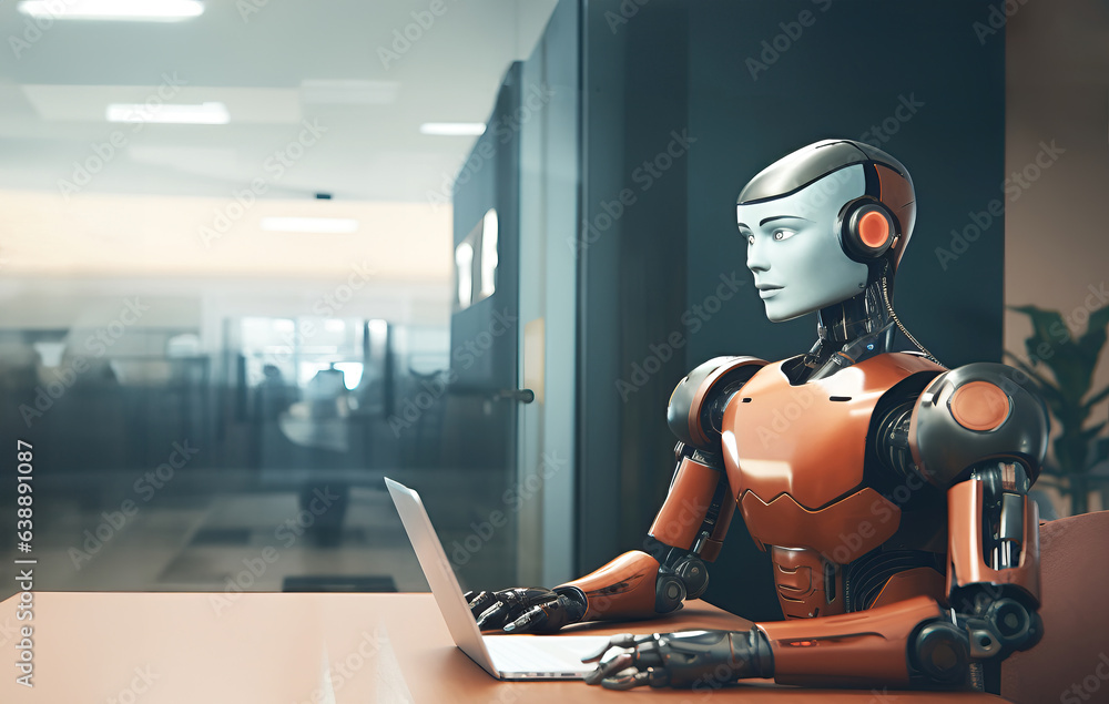 A robot resembling a human sits at a desk in an office, using a laptop ...