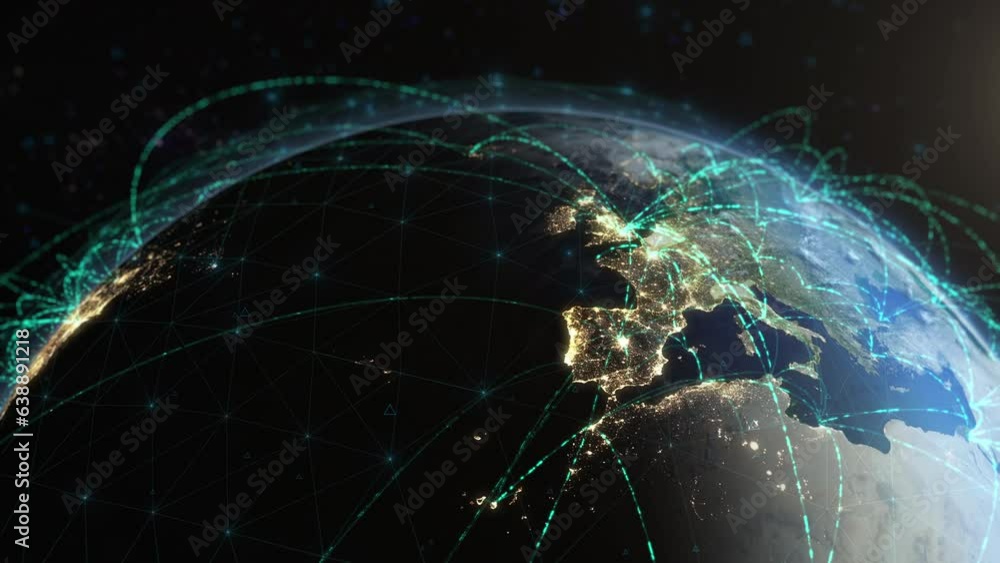 Green Lines and Nodes Creating a Mesh over United States and Europe ...