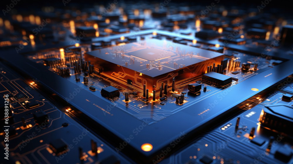 High-end computer circuitry. Show digital connections and network lines ...