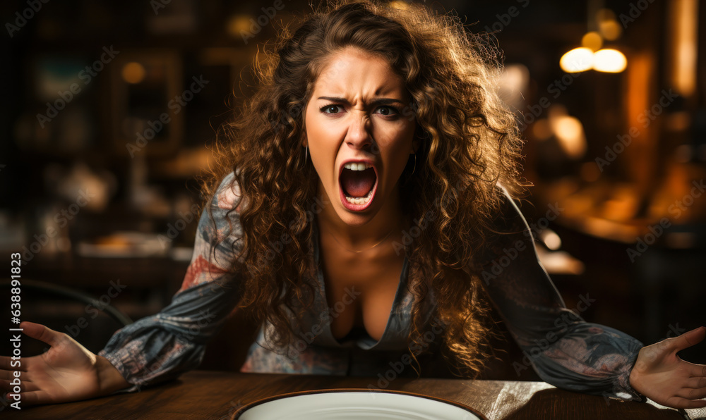 angry woman posing with an empty plate at the restaurant table, hangry ...