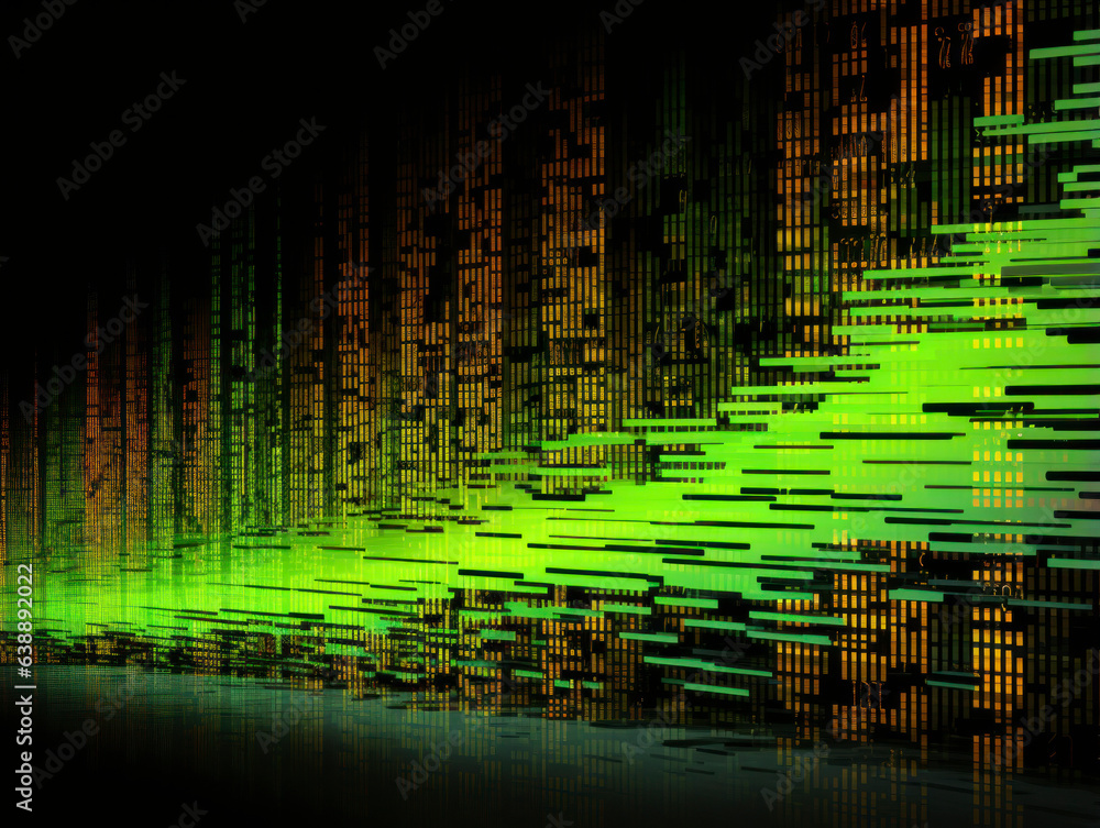 Matrix-inspired glitch background with flowing streams of neon green binary code on a pitch ...