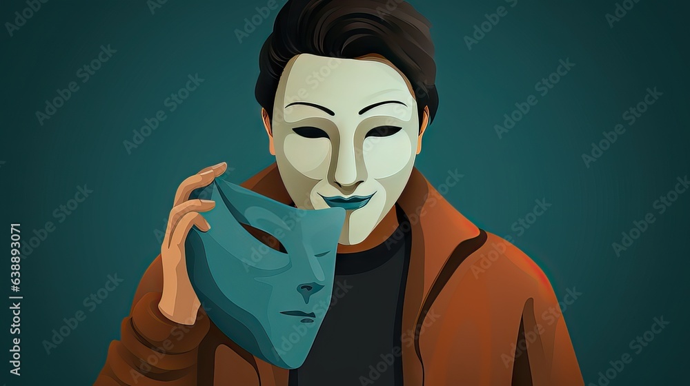 An llustration features a person holding a mask in front of their face ...