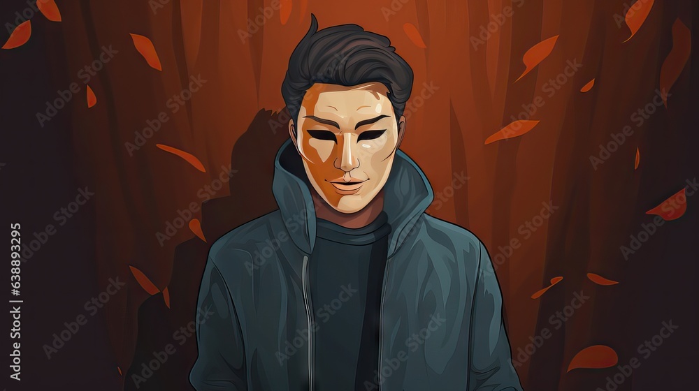 An llustration features a person holding a mask in front of their face ...