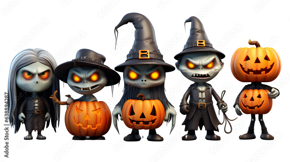 3D Halloween scary cartoon characters on transparent background PNG ...