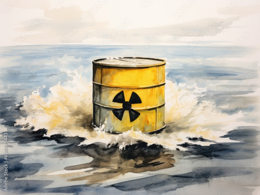 watercolor illustration of radioactive nuclear waste barrel in the sea ...