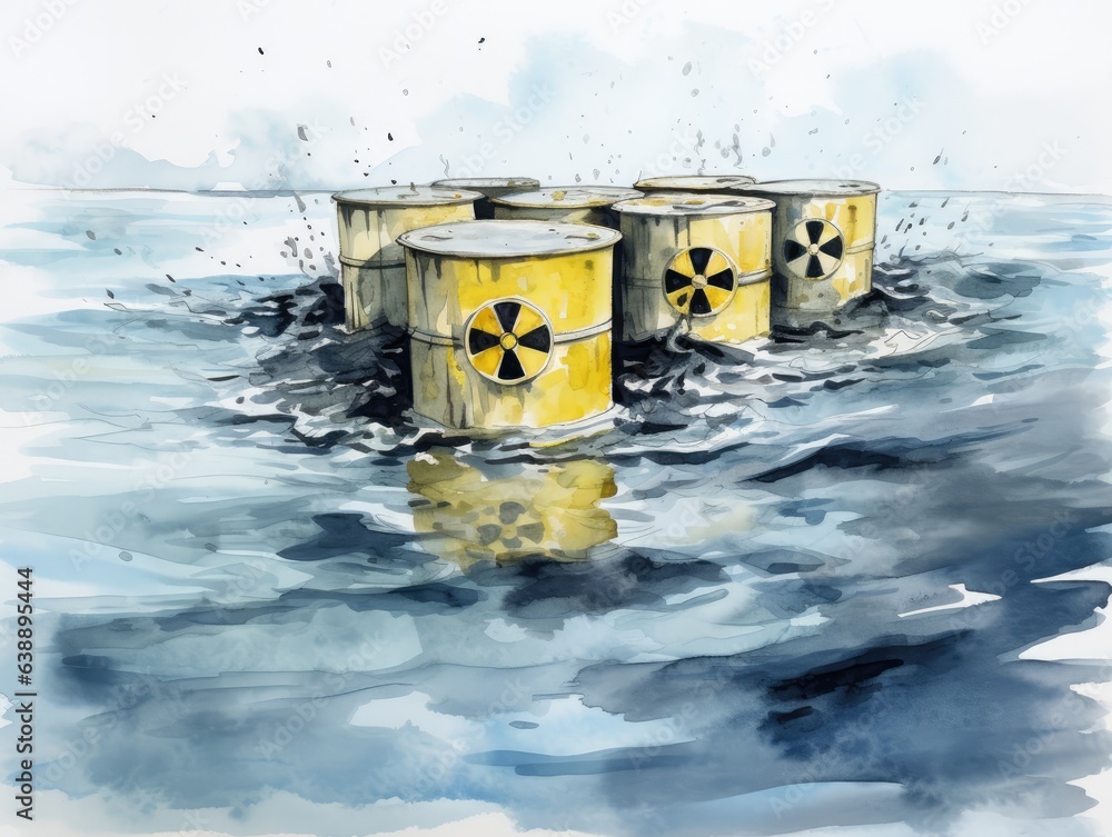 watercolor illustration of dangerous nuclear waste barrel in the ocean ...