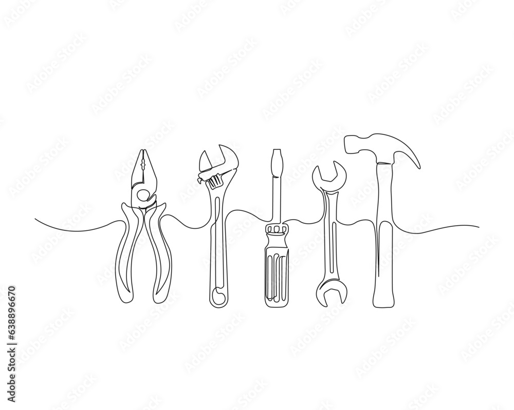 Continuous one line drawing of pliers, wrench, hammer, engineering ...