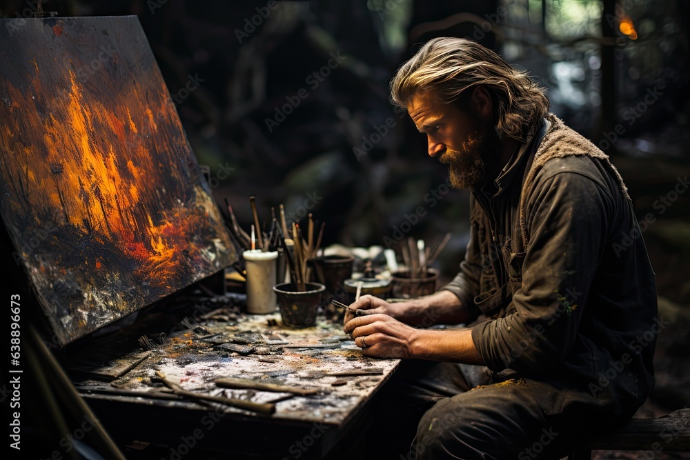 Lone artist in tears before the empty screen, surrounded by lush nature ...