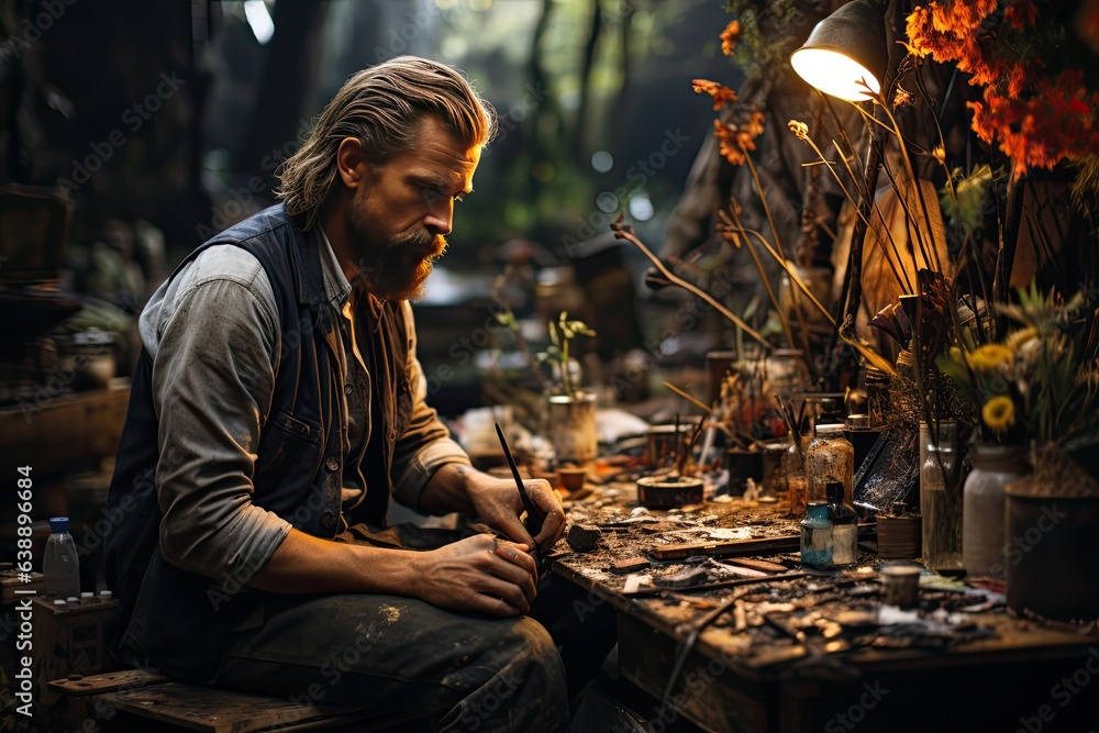 Lone artist in tears before the empty screen, surrounded by lush nature ...