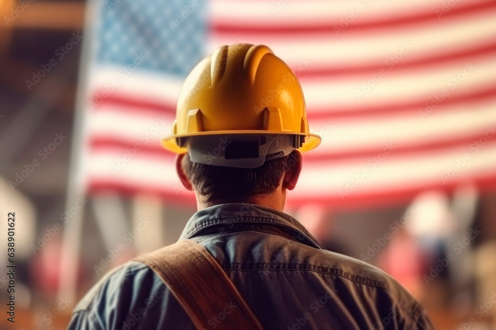 Portrait of workman back view in uniform and safety helmet at ...
