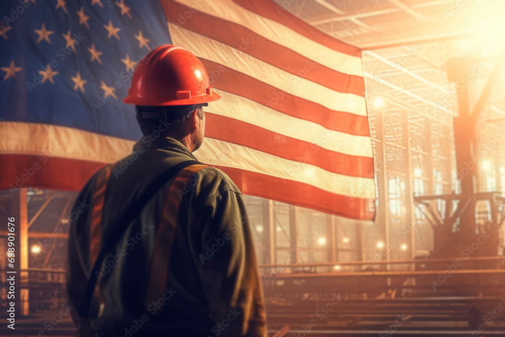 Portrait of workman back view in uniform and safety helmet at ...