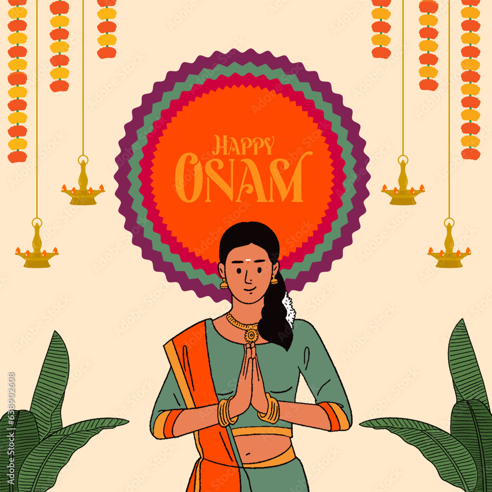 Happy Onam calligraphy with South Indian woman celebrating Onam ...