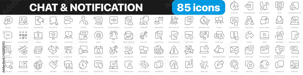 Chat and notification line icons collection. Bell, message, like ...