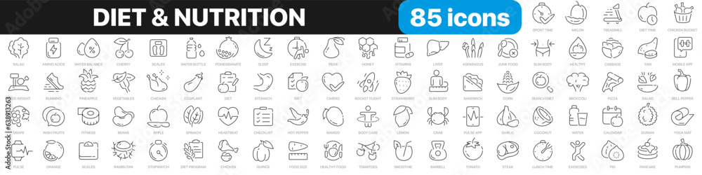 Vetor de Diet and nutrition line icons collection. Sport, food, fitness ...