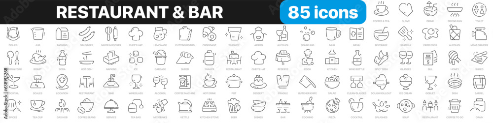 Restaurant line icons collection. Food, service, bar, alcohol icons. UI ...