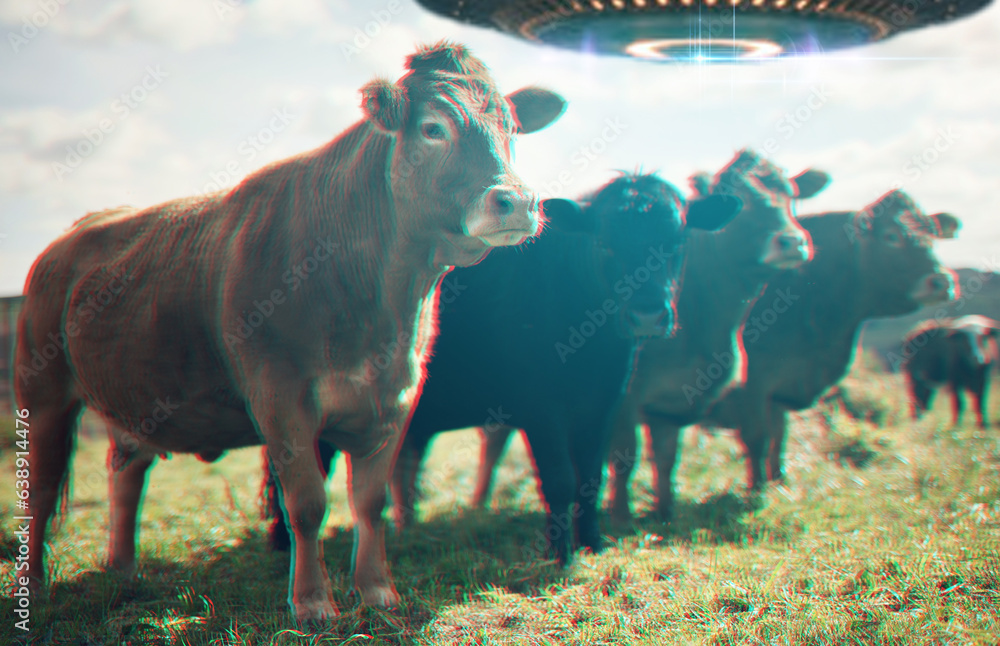 Farm abduction, spaceship and UFO with cow in field for fantasy ...