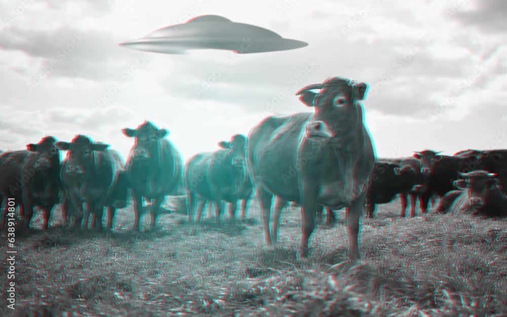 Alien, spaceship and UFO with cow on farm for fantasy, science fiction ...