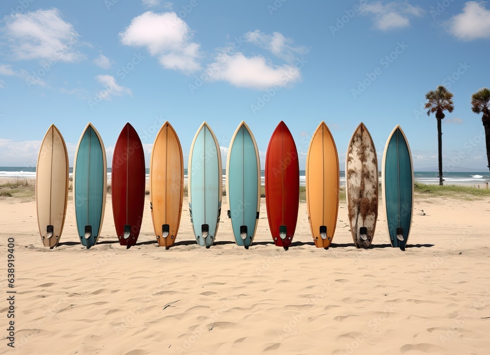 Planches de surf planté dans le sable et alignés multi couleurs Stock ...