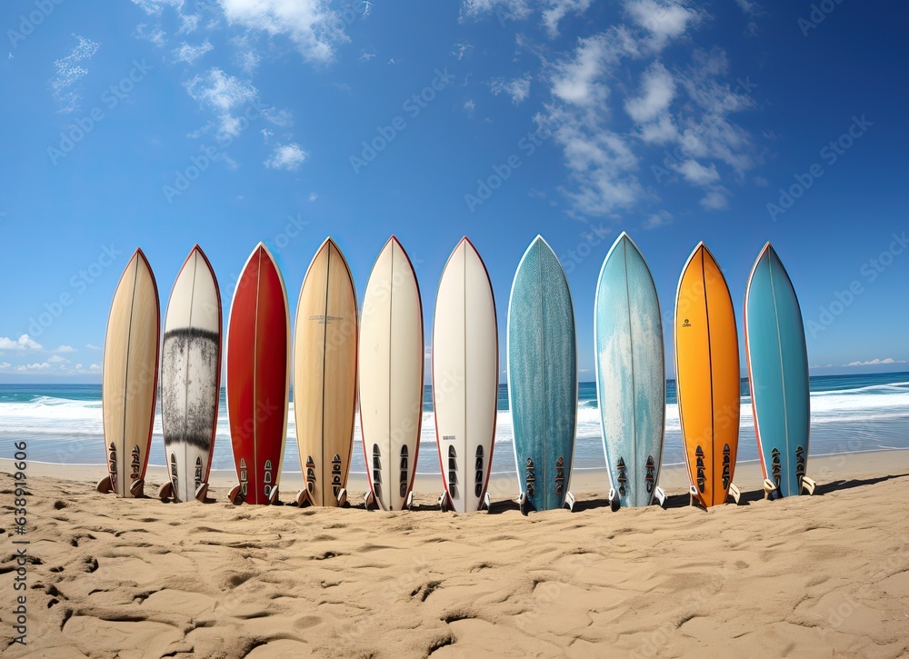Planches de surf planté dans le sable et alignés multi couleurs Stock ...