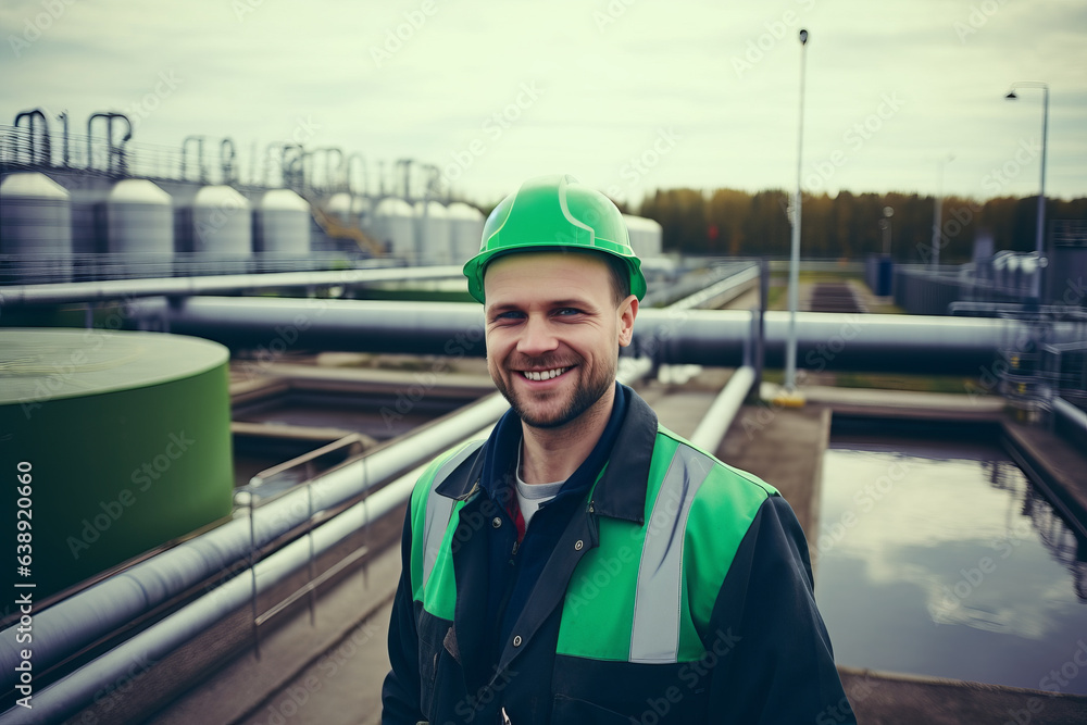 Sewage treatment plant employee portrait , wearing green security ...