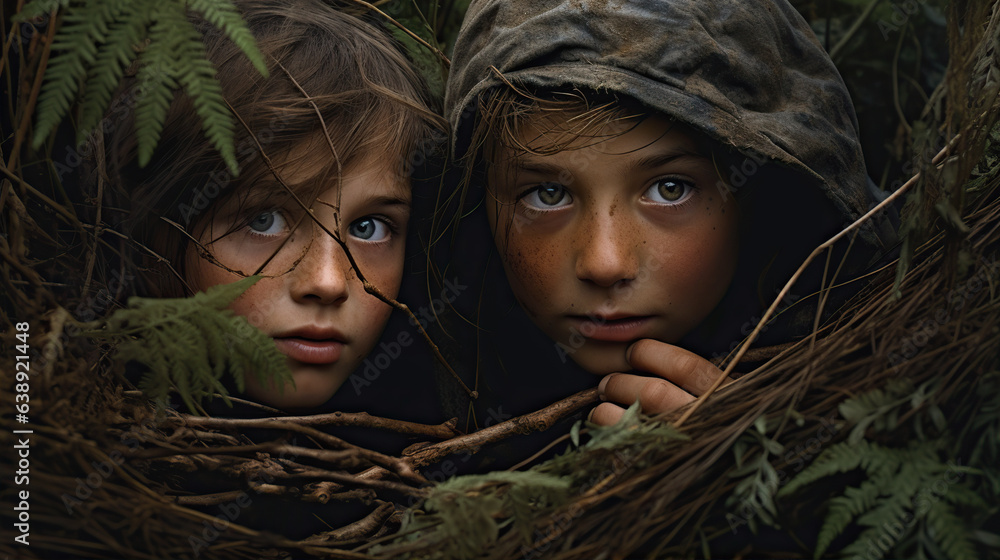 children playing a game of hide-and-seek among trees and bushes Stock ...