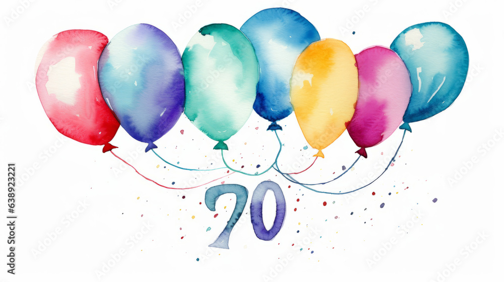 Watercolor 70th birthday clip art with 70 figures and balloons isolated ...