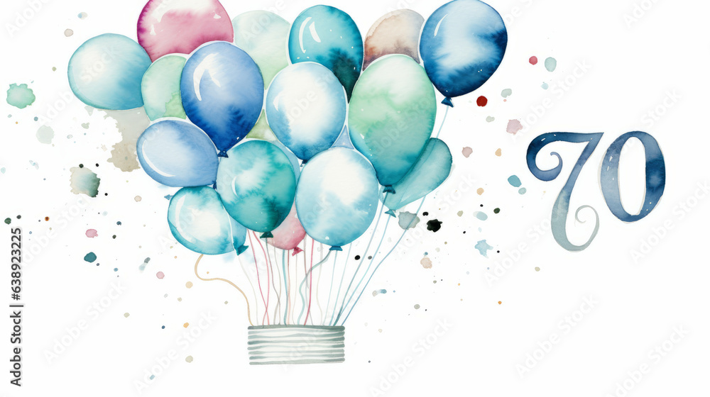 Watercolor 70th birthday clip art with 70 figures and balloons isolated ...