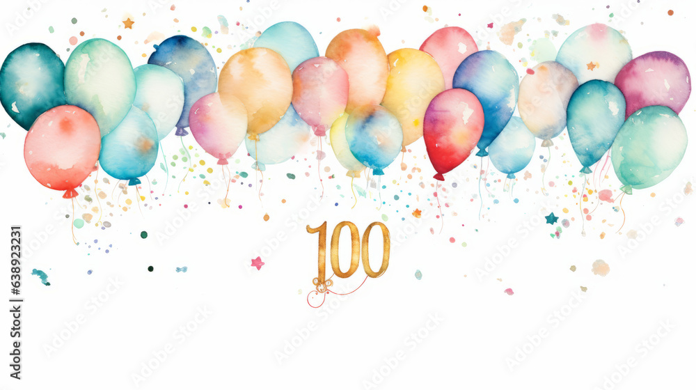 Watercolor 100th birthday clip art with 100 figures and balloons ...