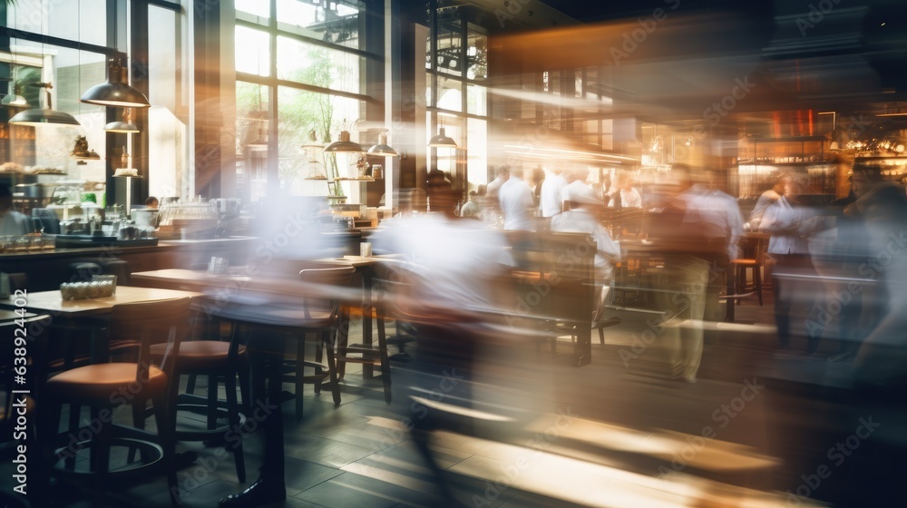 Blurred customers walking fast move ment in coffee shop or cafe ...