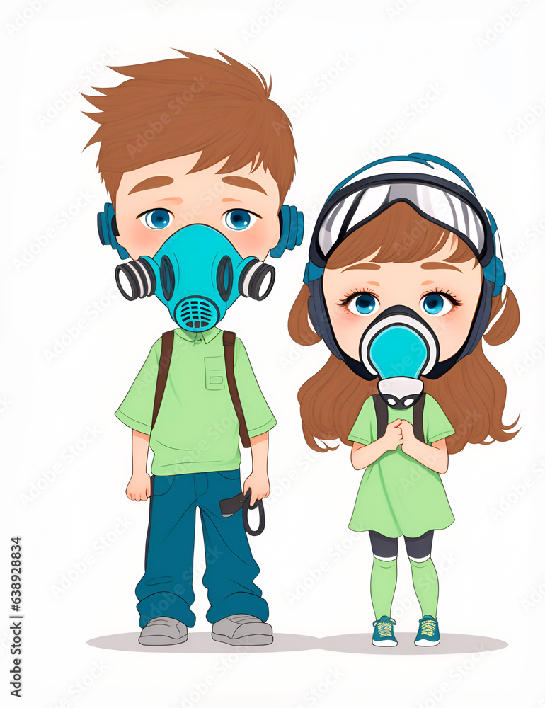 Pollution of the environment concept. Girl and boy in gas masks on ...