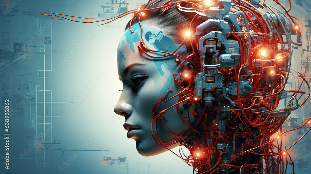 Young female humanoid head is connected to a super computer ...