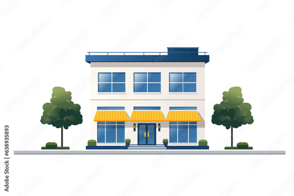 Building. A two-story beige building with a blue flat roof and trees on ...