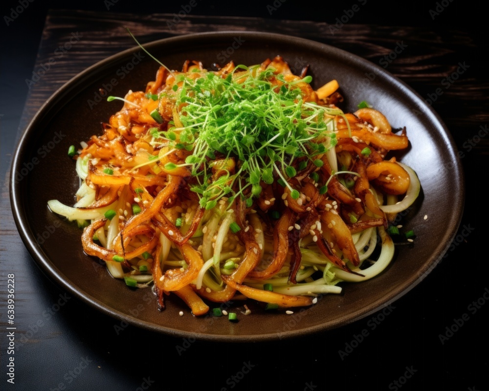 Foto de Burdock root stir-fry, richly topped with finely chopped spring ...
