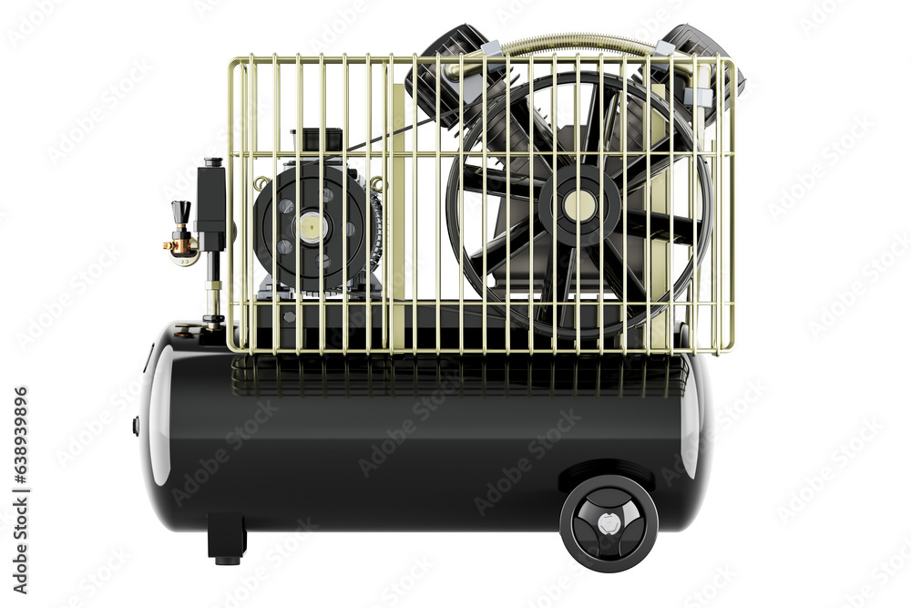 Tank air compressor, side view. 3D rendering isolated on transparent ...