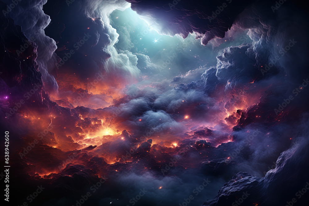 Abstract illustration, Colorful space galaxy cloud nebula. Stary night ...