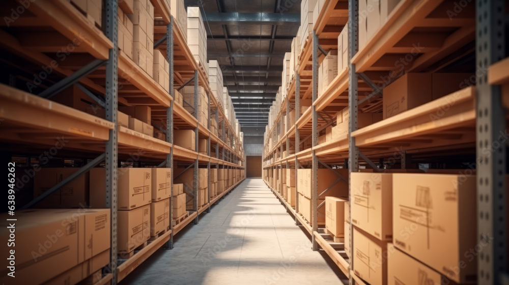 Warehouse with shelves of products and goods in cartons. Product ...