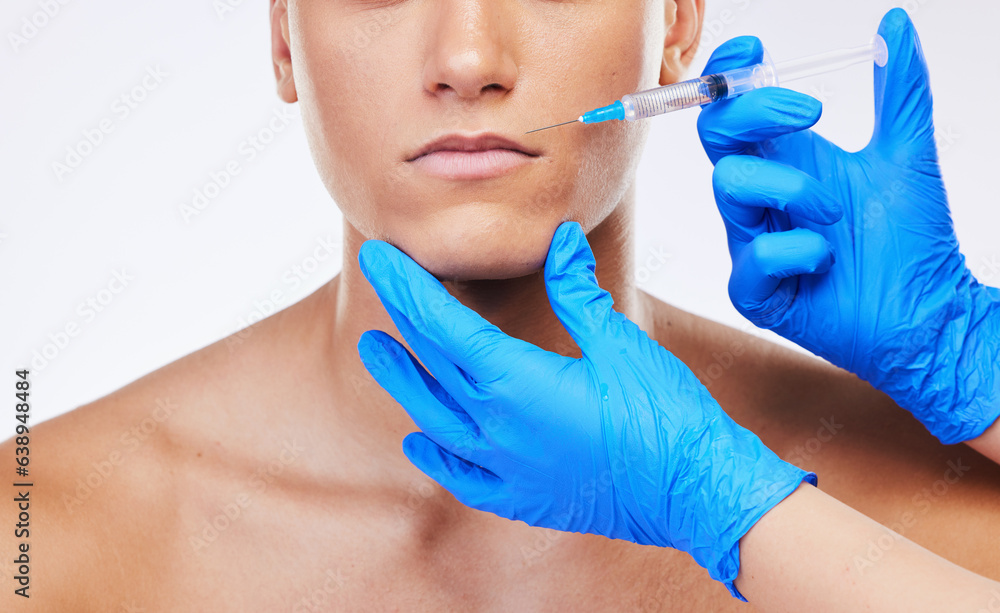 Man, syringe and lip filler surgery in studio with doctor for beauty ...