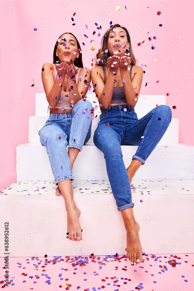 Party, fashion and women in studio with confetti for celebration ...